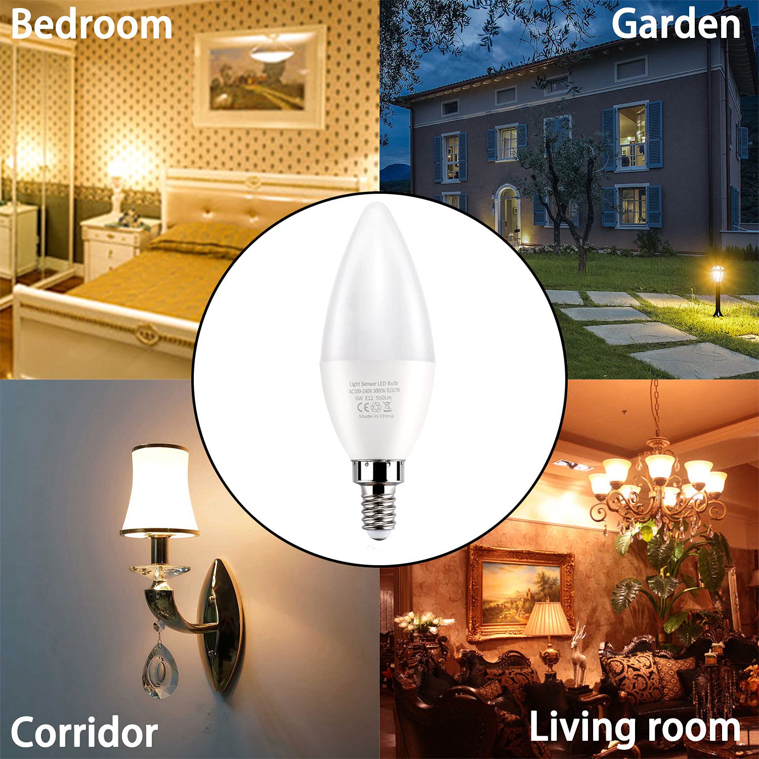 Dusk to Dawn Night Light Bulbs 6W E12 Light Sensor Bulb 3000K 60w Equivalent LED Bulb E12 LED Candelabra Bulb Base,Auto On and Off for Home,Outdoor,Yard Light,Warm White (2 Pack)
