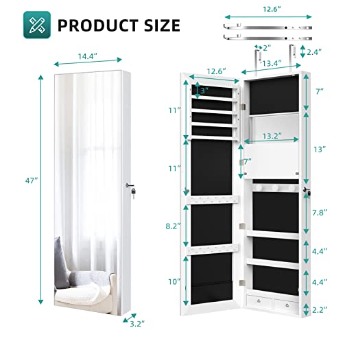 YITAHOME LEDs Jewelry Cabinet Wall Mounted, 47.2" H Jewelry Armoire Over door with Mirror Space Saving Jewelry Storage Organizer, 2 Drawers, Foldable Makeup Shelf, White