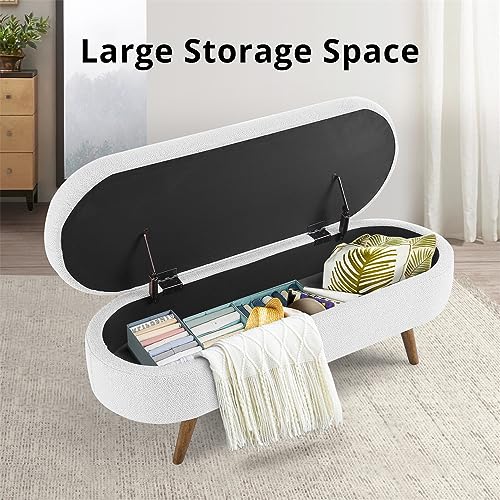 TRIPLE TREE 43.5" Storage Ottoman Bench with 250lb Seating, Linen Upholstered Wood Legs Safety Hinge Flip Top Oval Foot Rest Long Stool for Sofa Couch Bedroom End of Bed Living Room Entryway, White