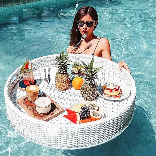 Floating Tray Floating Serving Tray Round Rattan Woven Swimming Pool Floats for Pool Serving Drinks, Brunch, Food On The Water,Brown (Color : White)