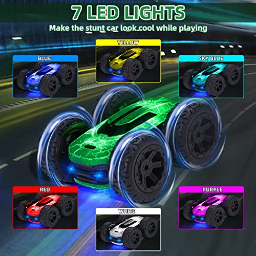 TRIPLEFINE Remote Control Car for Kids 8-12, 360°Rotating with 2 Batteries, Double-Sided RC Car Stunt Car Toy, 2.4Ghz Remote Control with LED Lights and Headlights