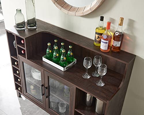 Home Source 36.6" Modern Home Bar Ensemble: Coffee Bar Shelves, Sideboard Cabinet, and Bar Console Cabinet with Glass Hanging Space Rack (Mahogany)