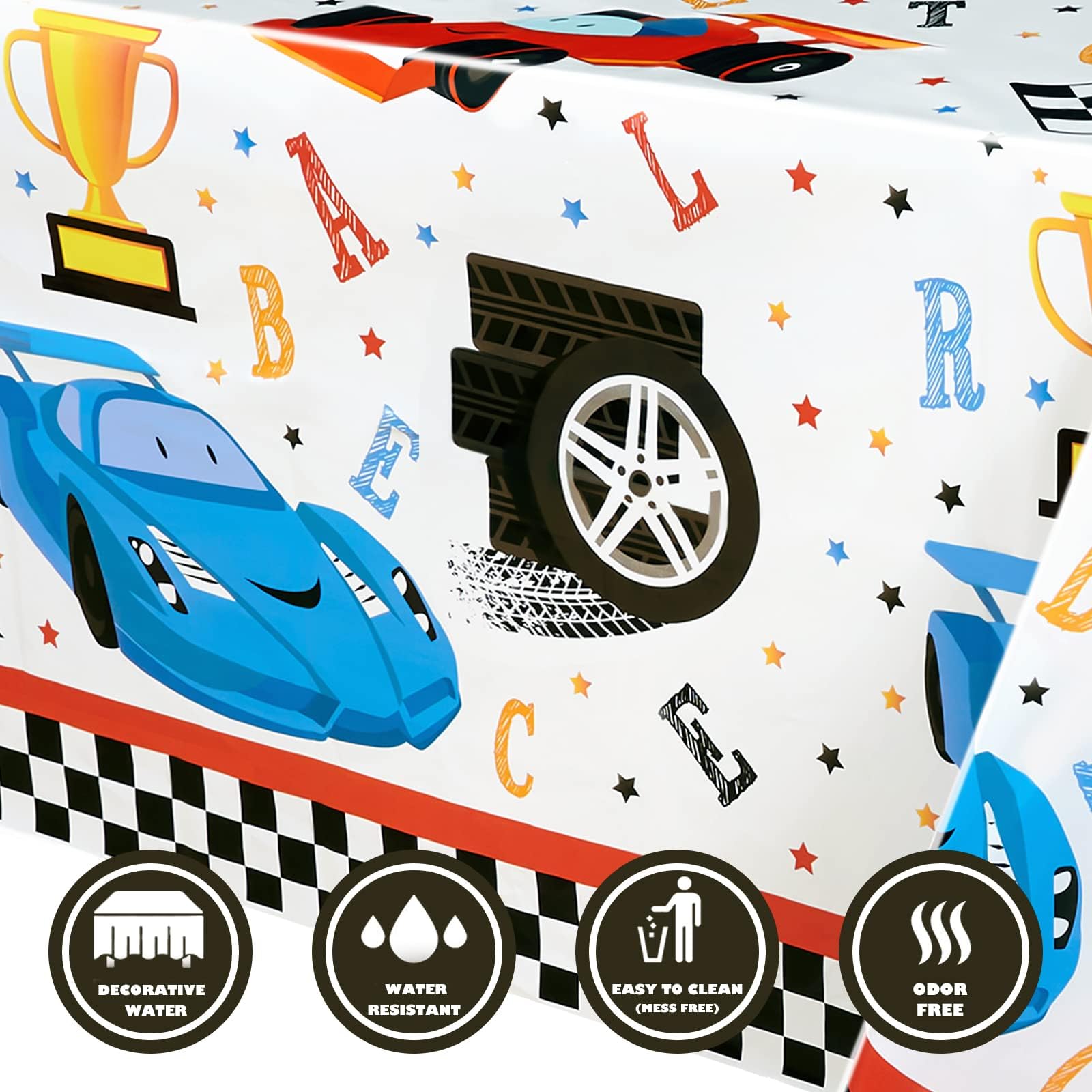 WERNNSAI Racing Car Tablecloth - 108" x 54" Disposable Plastic Rectangular Checkered Table Covers for Kids Birthday Game Sports Events Race Car Party Supplies