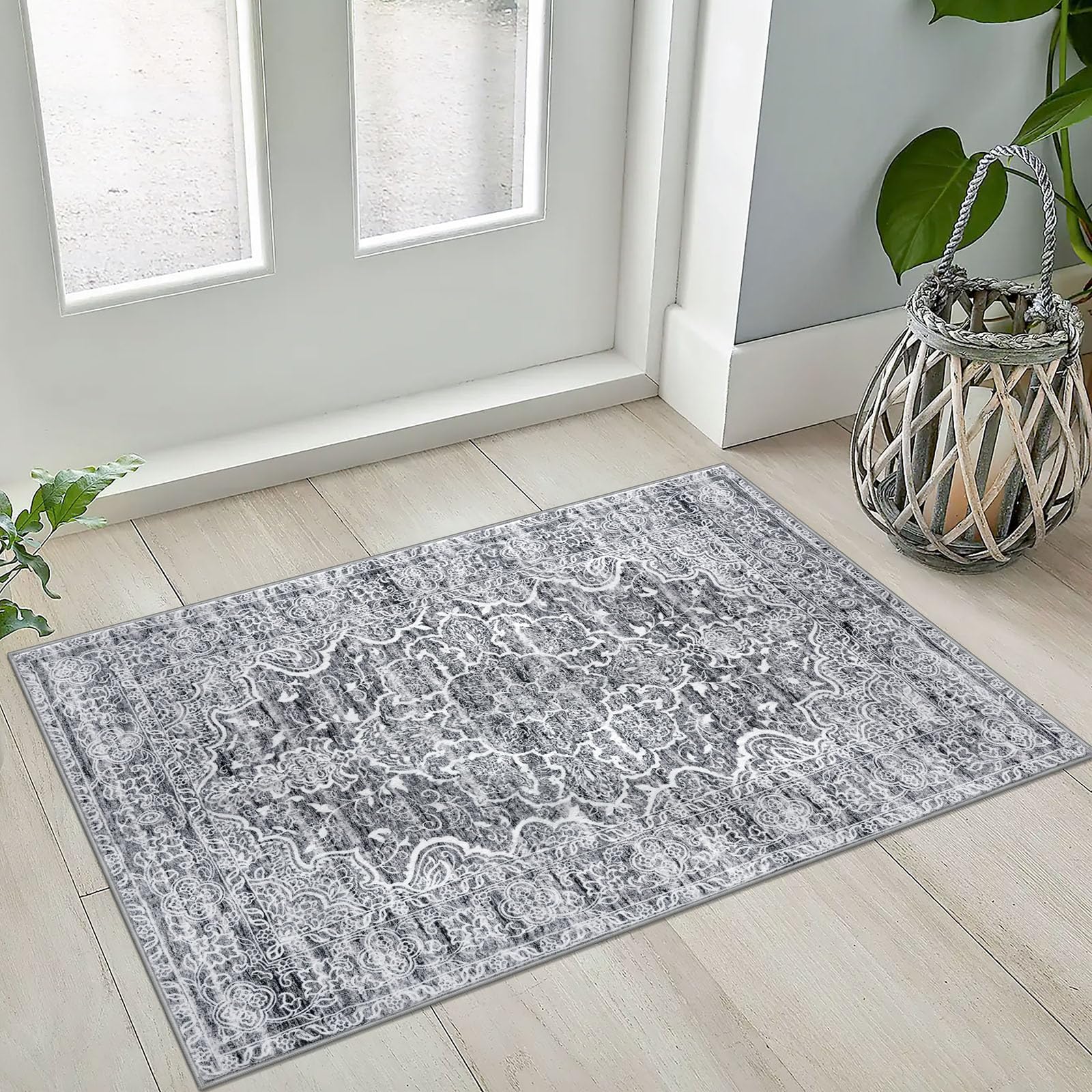 KUTA Vintage Entryway Rugs Indoor Grey Blue Washable Rugs 2x3 Non-Slip Ultra Soft Printed Oriental Floral Medallion Doormat Small Accent Rug Farmhouse Kitchen Throw Rug for Entrance and Bedroom