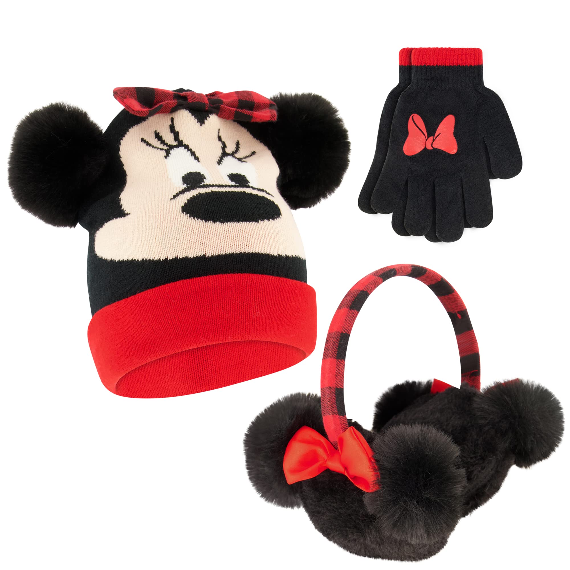 Disney Girls' Winter Hat, Earmuffs and Kids Gloves Set, Minnie Mouse for Ages, Age 4-7