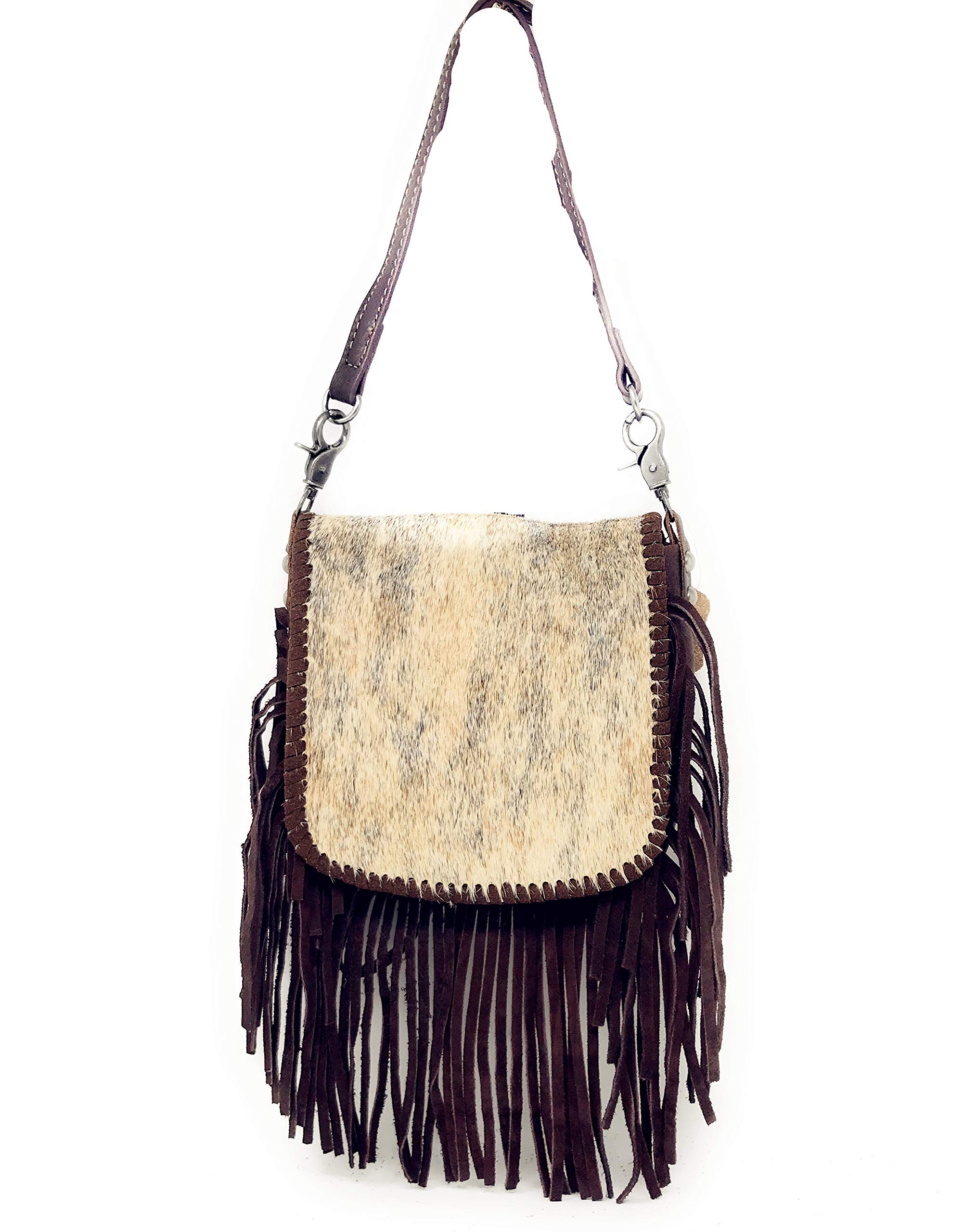 Western Genuine Tooled Leather Cowhide Fur Fringe Women's Crossbody Chian Bag/Purse (Beige)