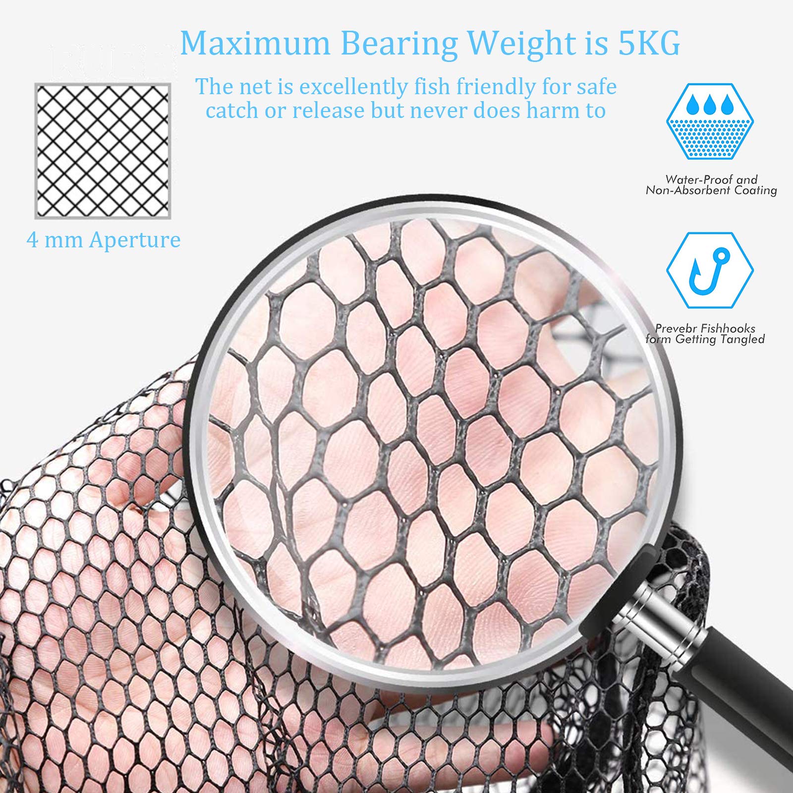 Fishing Landing Net with Aluminum Telescoping Pole Long Handle,Rubber Coated Nylon Mesh,for Steelhead,Salmon,Fly,Kayak,Catfish,Bass,Trout,Crab,Pond,for Easy Catch & Release,Extend to 75 Inches