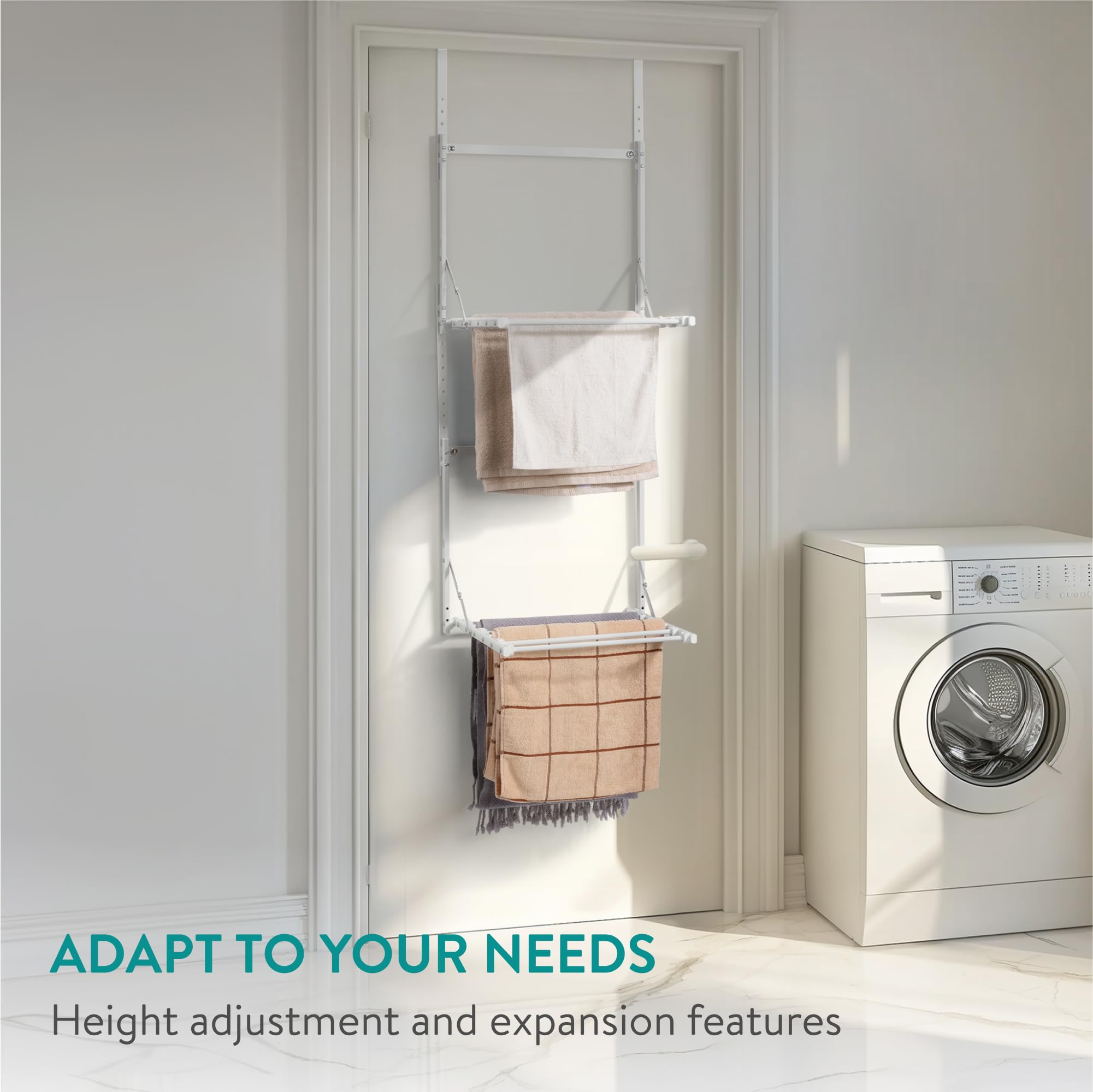 Navaris 2-Tier Over Door Towel Rack - Adjustable Radiator Airer for Laundry - Wall-Mount or Over The Door Towel Holder - Foldable Hanging Clothes Drying Racks for Bathroom