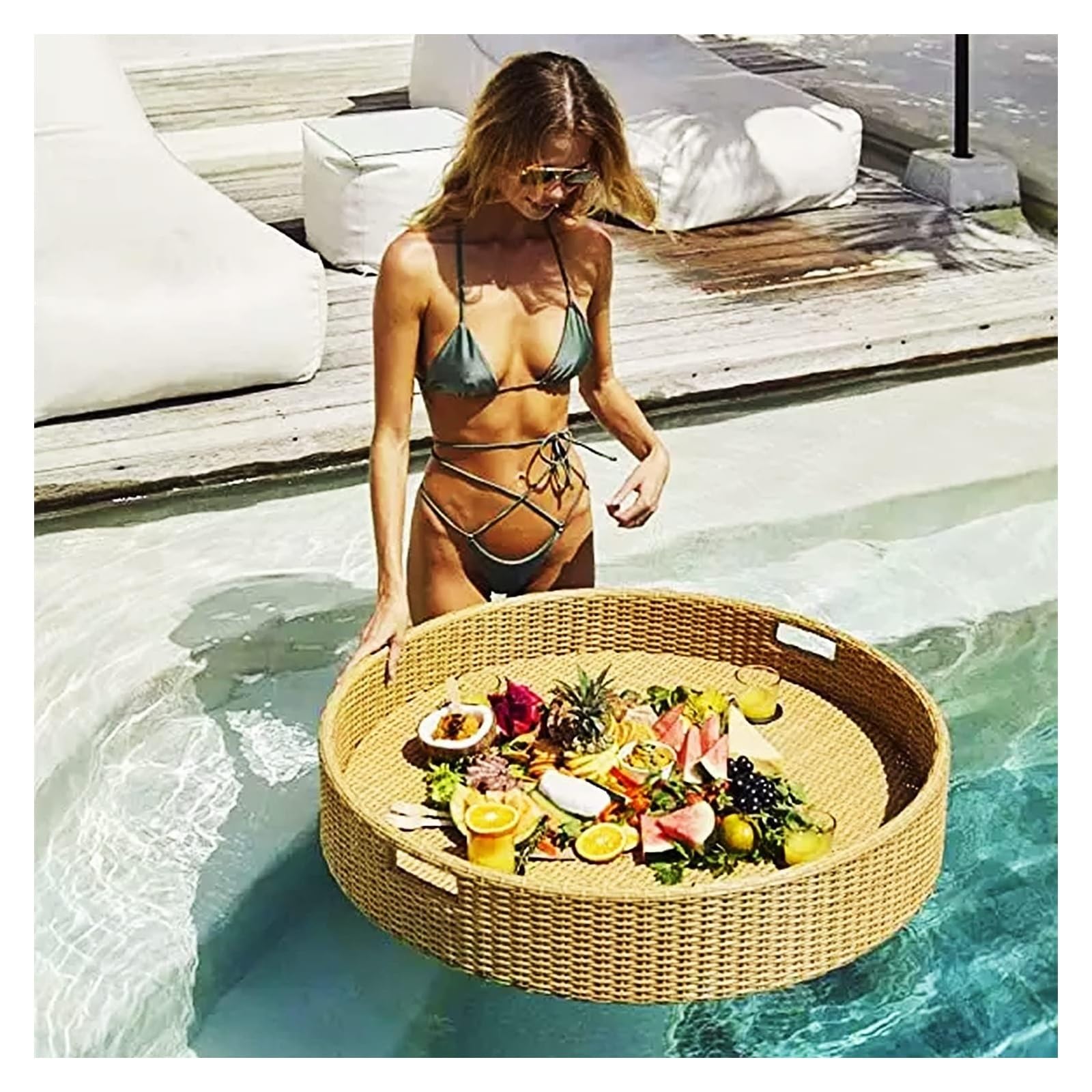 Floating Tray Floating Pool Tray Round Rattan Woven Serving Tray, for Breakfast, Drinks, Snacks, Coffee Table, Home Decorative