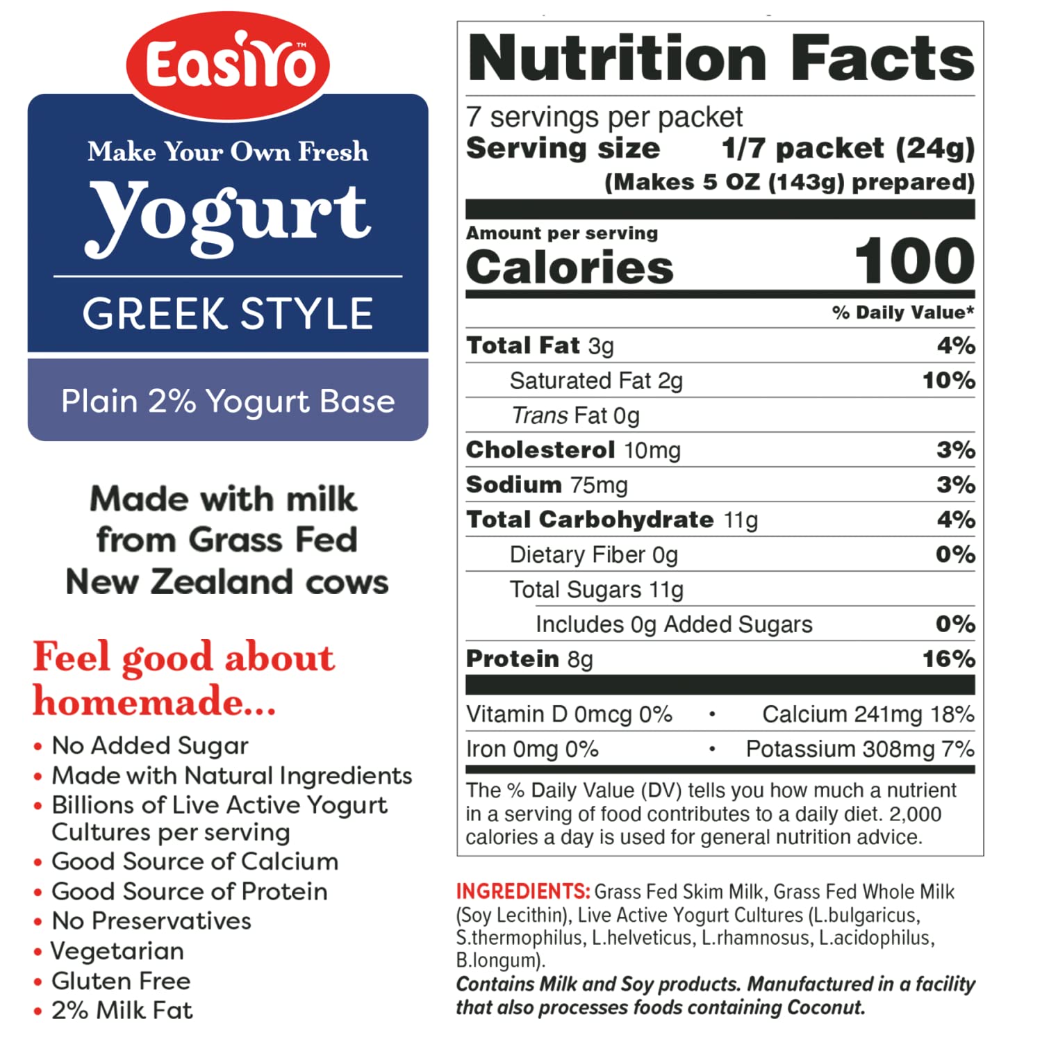 EasiYo Greek Style Plain 2% Yogurt Base (6-pack, 42 Servings) with Live Cultures | Easy & Fresh Homemade Yogurt | Use with EasiYo Maker | New Zealand Milk from Grass Fed Cows