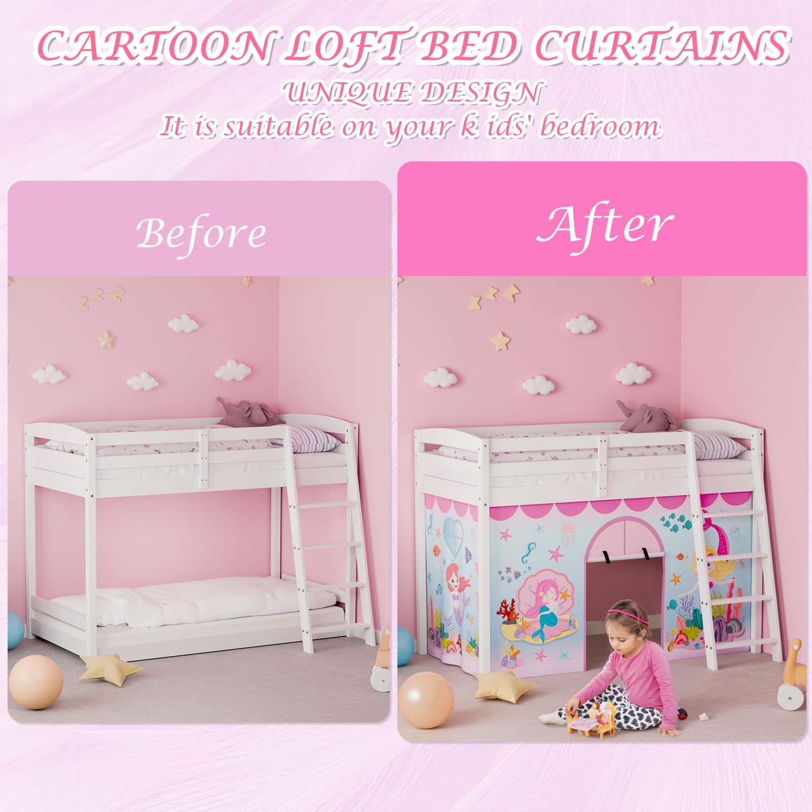 YRDKB Mermaid Bunk Bed Curtains - 45H Premium and Customizable Cartoon Loft Bed Curtains for Children to Enhance The Imaginative Creation Bedroom Curtains(3PCS,Twins)