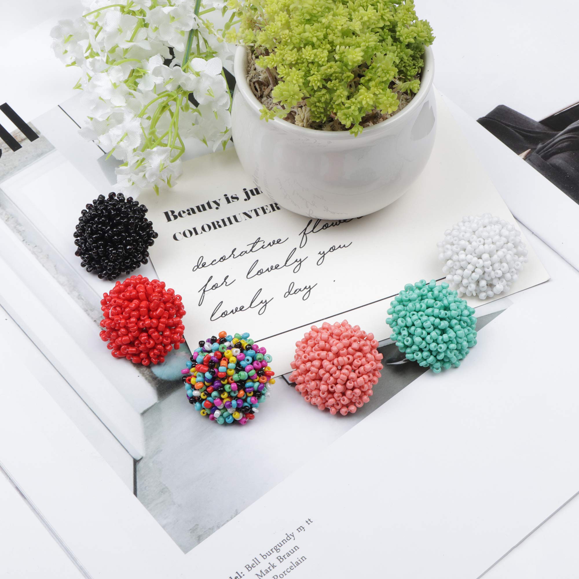FIBO STEEL 6 Pairs Seed Beaded Stud Earrings Resin Bead Earrings For Women Bohemian Statement Cluster Rainbow Seed Beads Big Round Earrings