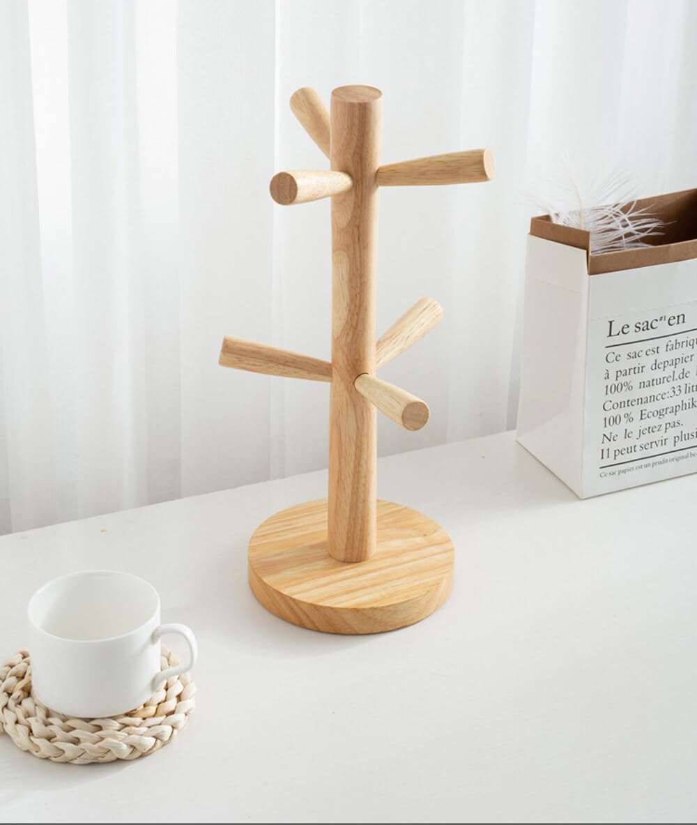 TUPANDY Mug Holder Wooden Mug Rack Tree with 6 Hooks Coffee Cup Organizer Stand Wood Mug Hanger Stand for Display Coffee Mugs Glasses and Cups for Kitchen Dinnerware Storage, FBA-HYYU66899