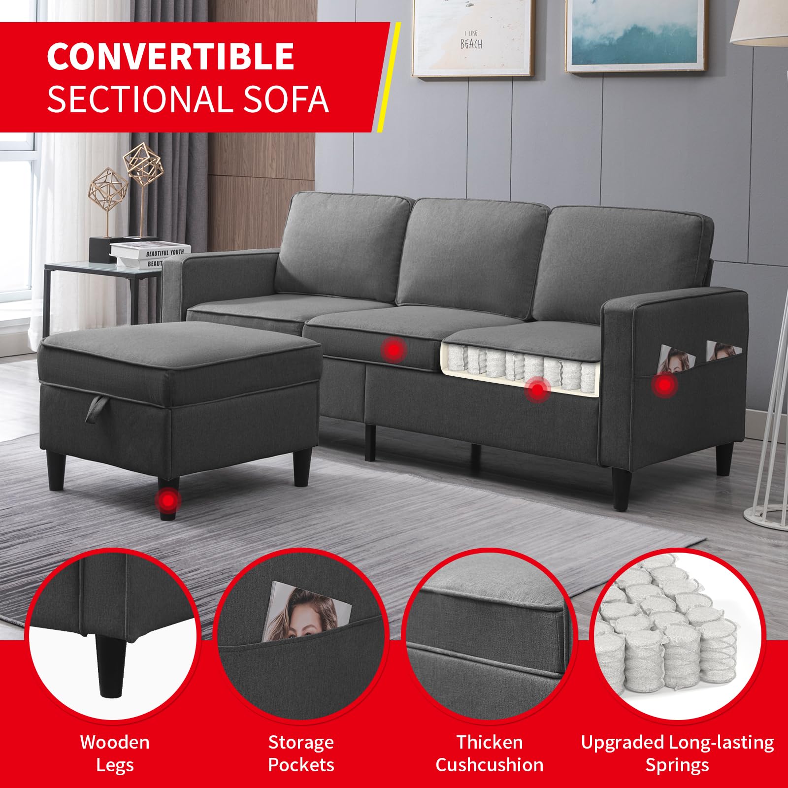 PUREMIND 78 Inches Convertible Sectional Sofa, Linen L-Shaped Sofa Couch with Reversible Storage Ottoman, Wooden Legs, 3-Seat Sectional Couches for Small Space, Apartment, Office (Dark Grey)…