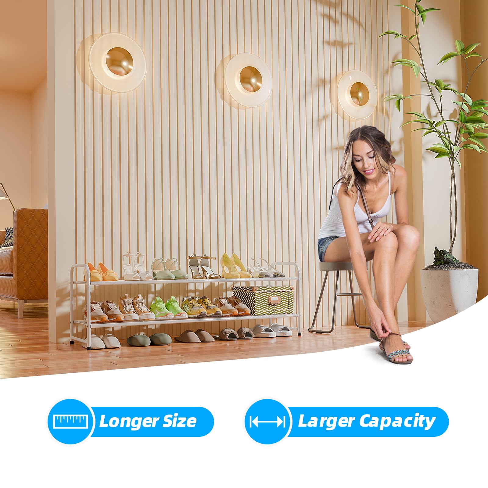 MWQ 2 Tier Metal Shoe Rack Organizer for Closet, 44" w Long Free Standing Shoe Storage Shelf for Entryway, Hallway, White