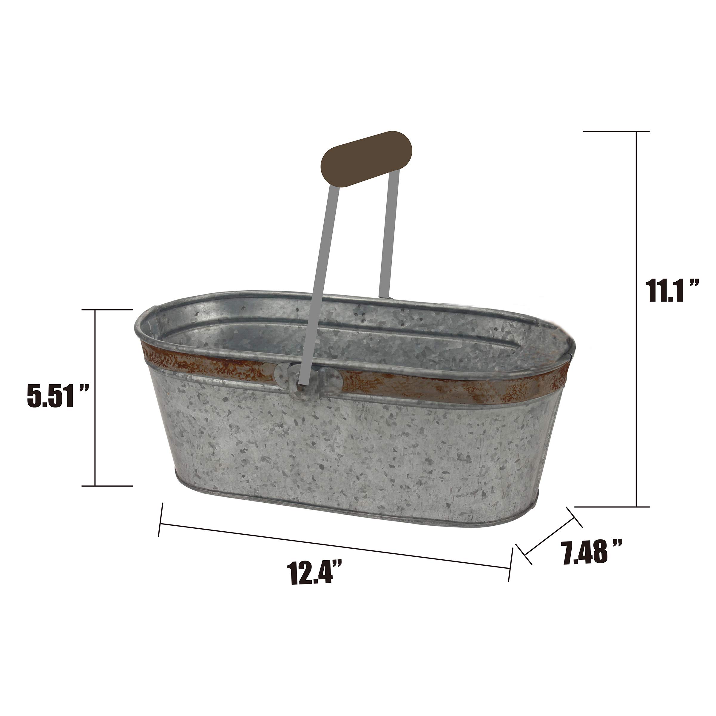 Stonebriar Small Aged Galvanized Metal Oval Bucket with Rust Trim and Wooden Handle, Country Rustic Home Decor, for Centerpiece, Office Organization, Bathroom Storage, or Party Decorations