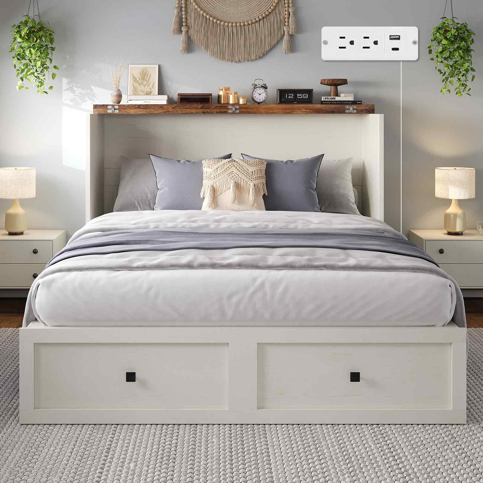 LUXOAK Queen Size Murphy Bed with Charging Station, Cabinet Bed with Large Storage Drawer for Home Office or Small Room, Hideaway Bed Full Foldable Platform Bed, Barnwood+White