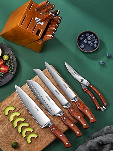 Knipan Kitchen Knife Sets with Block, 16PCS Professional Stainless Steel Forged Chef Knife Block Set, Ultra Sharp Knives with Wood Handle, Brown