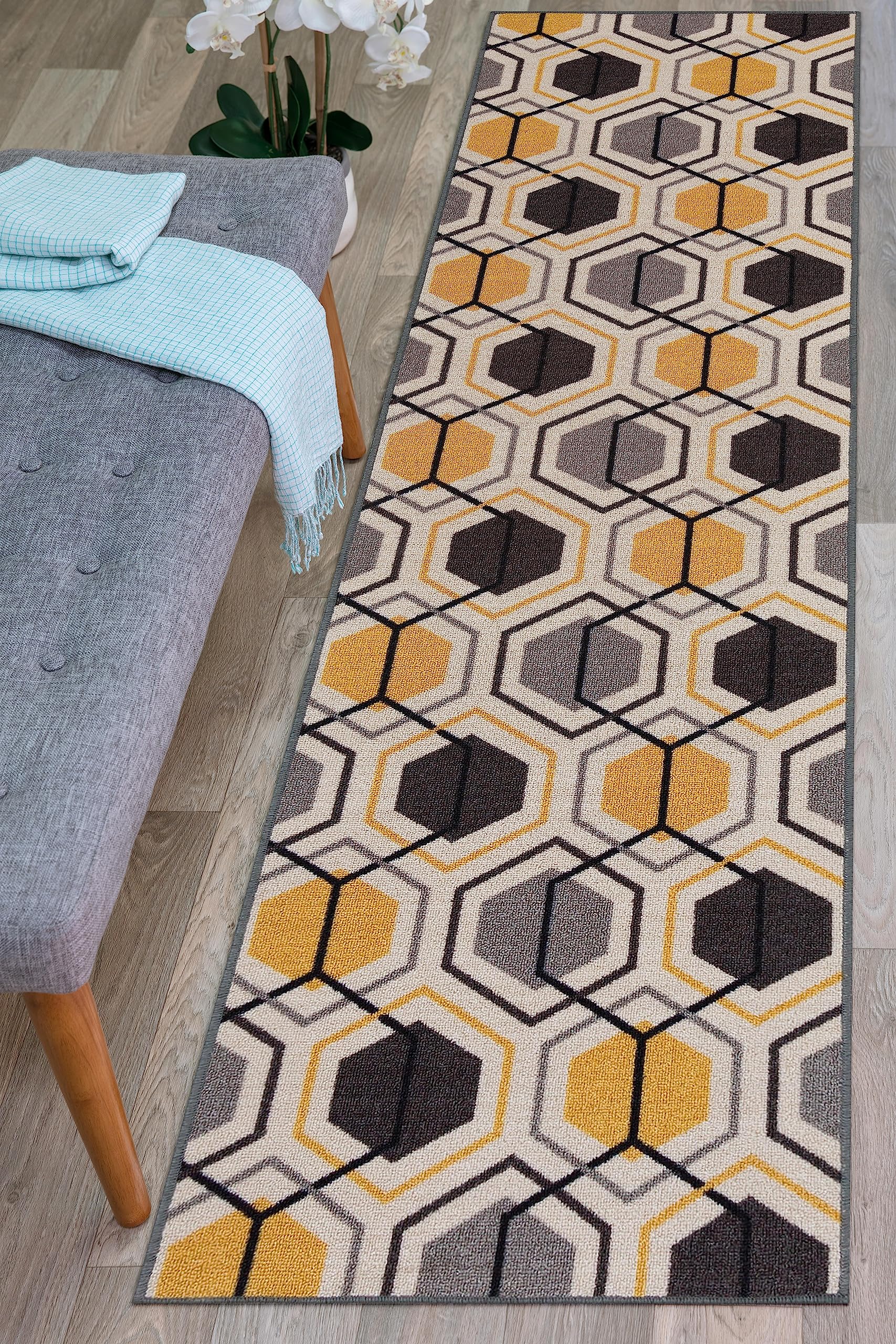 Rugshop Contemporary Geometric Stripe Carpet for Living Room,Bedroom,Home Office,Kitchen Non-Slip Runner Rug (Non-Skid) 2' X 7' (22" X 84") Yellow
