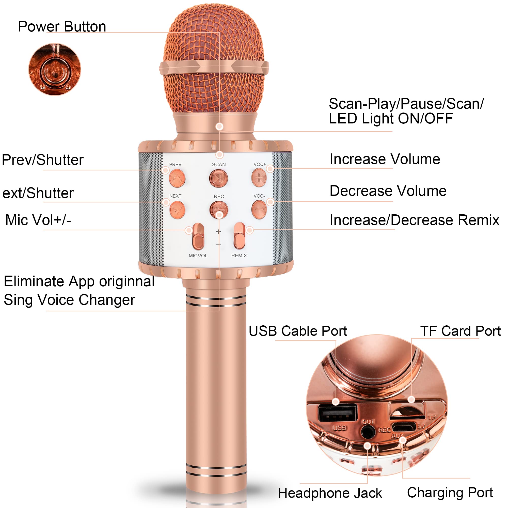 Winique Karaoke Machine for Kids, Bluetooth Mini Karaoke Machine with LED Lights, Christmas & Birthday Gift for All Ages 3 4 5 6 7 8 9 10+ Year Old Girls & Boys, Singing Anytime Anywhere (Rose Gold)