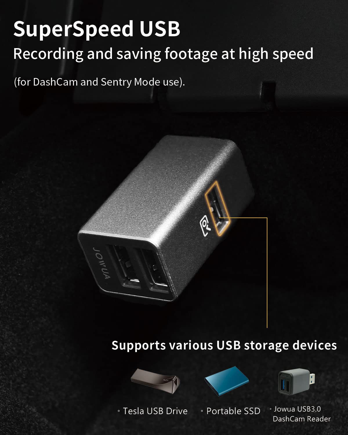 Jowua Tesla Model 3, Model Y, for glovebox use, 3 Port USB Dashcam Hub, one SuperSpeed USB, Two HiSpeed USB