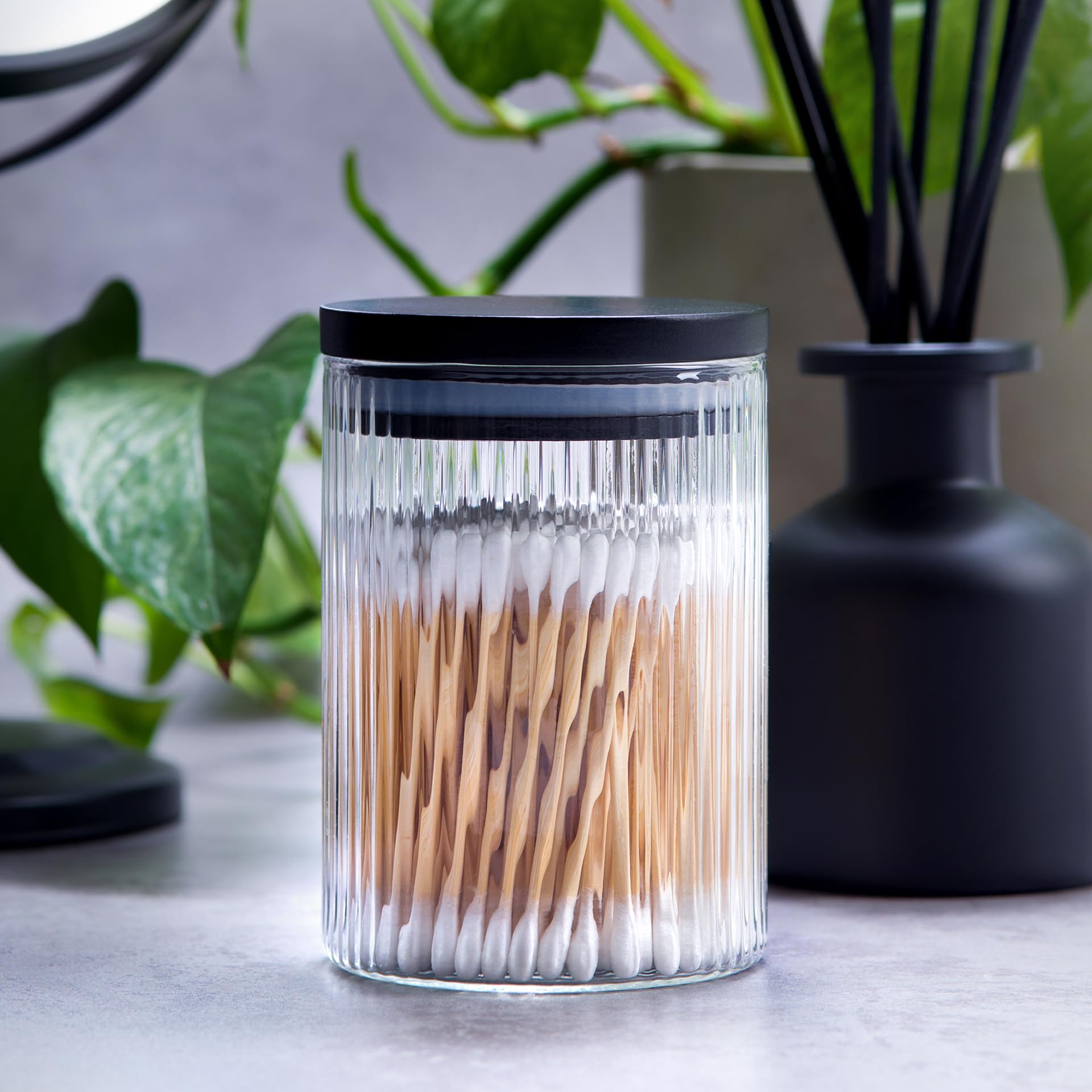 Mason & Fable Ribbed Glass Bathroom Jars with Airtight Black Bamboo Lids | Cotton Pad/Swab/Q tip Holder | Bath Salt/Small Makeup/Clear Vanity Apothecary Storage Canister Organizer β 10 fl oz, Set of 2