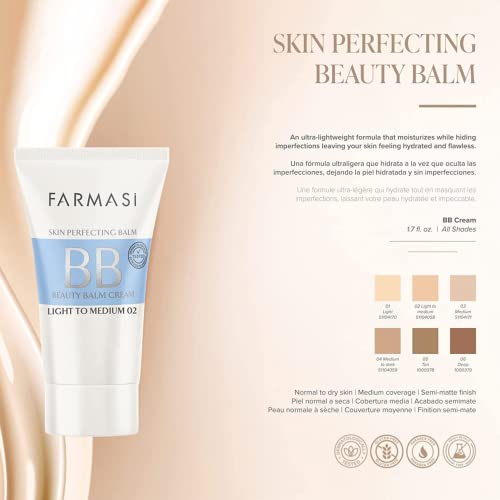 FARMASI Make Up BB Cream Beauty Balm, Full-Coverage Foundation, Concealer, Moisturizer BB Cream for All Skin Types, 1.7 fl. oz. / 50 ml (Light to Medium)