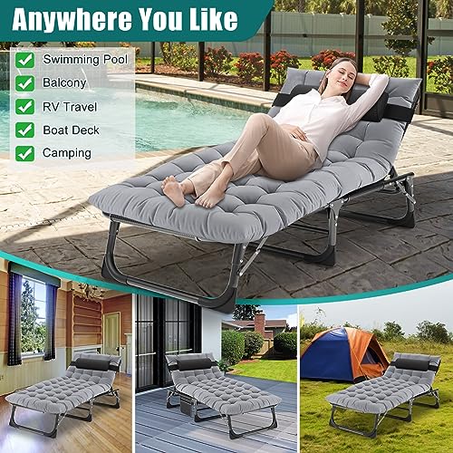 DoCred Folding Lounge Chair with Mattress, 4 Position Adjustable Folding Sleeping Bed Cot Chaise Lounge Chairs Perfect for Sunbathing, Camping, Pool, Beach, Patio
