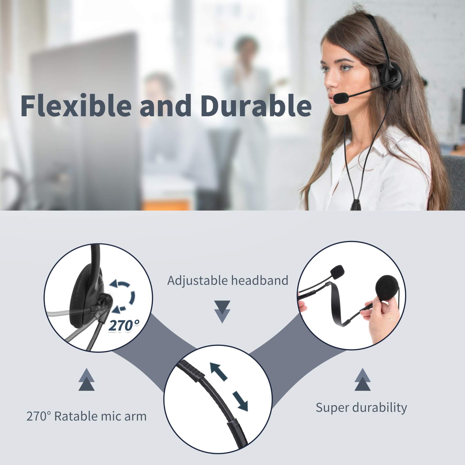 EBODA USB Headset with Microphone, Lightweight Comfort Wire PC Headphones with Inline Volume Control, Computer headsets for Skype, Zoom, Teams, Laptop, Call Center-Black