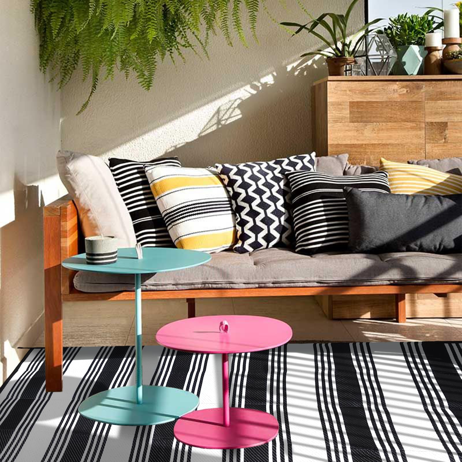 Pcinfuns Plastic Straw Rug,Patio Rugs RV Camping Rug Reversible Mat,6'x9' Reversible Mats Large Floor Mat and Rug for Outdoor,Black & White Thin Stripe