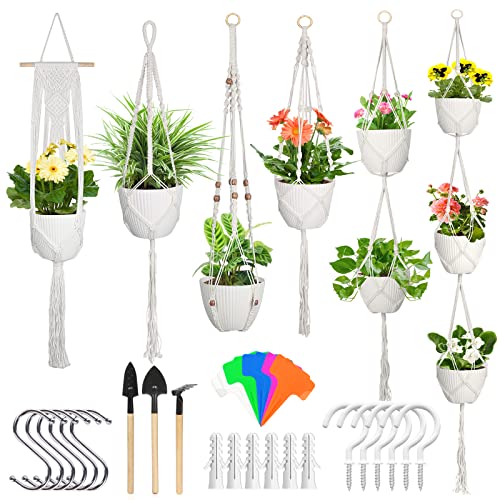 Macrame Plant Hangers - 6 Pack Indoor Hanging Plant Holder - Different Tiers Handmade Macromay Cotton Rope Hanging Planters Set, for Indoor Outdoor Boho & Home Decor