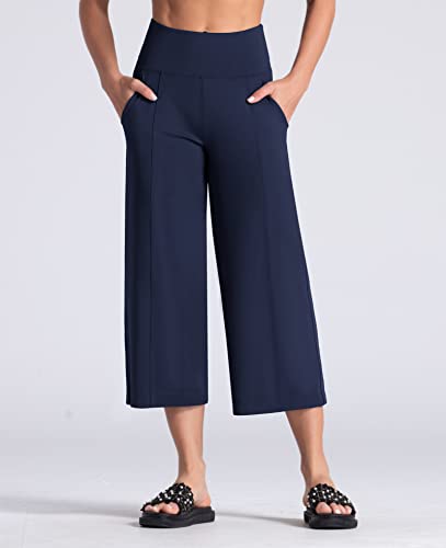 THE GYM PEOPLE Bootleg Yoga Capris Pants for Women Tummy Control High Waist Workout Flare Crop Pants with Pockets (Navy Blue, X-Large)