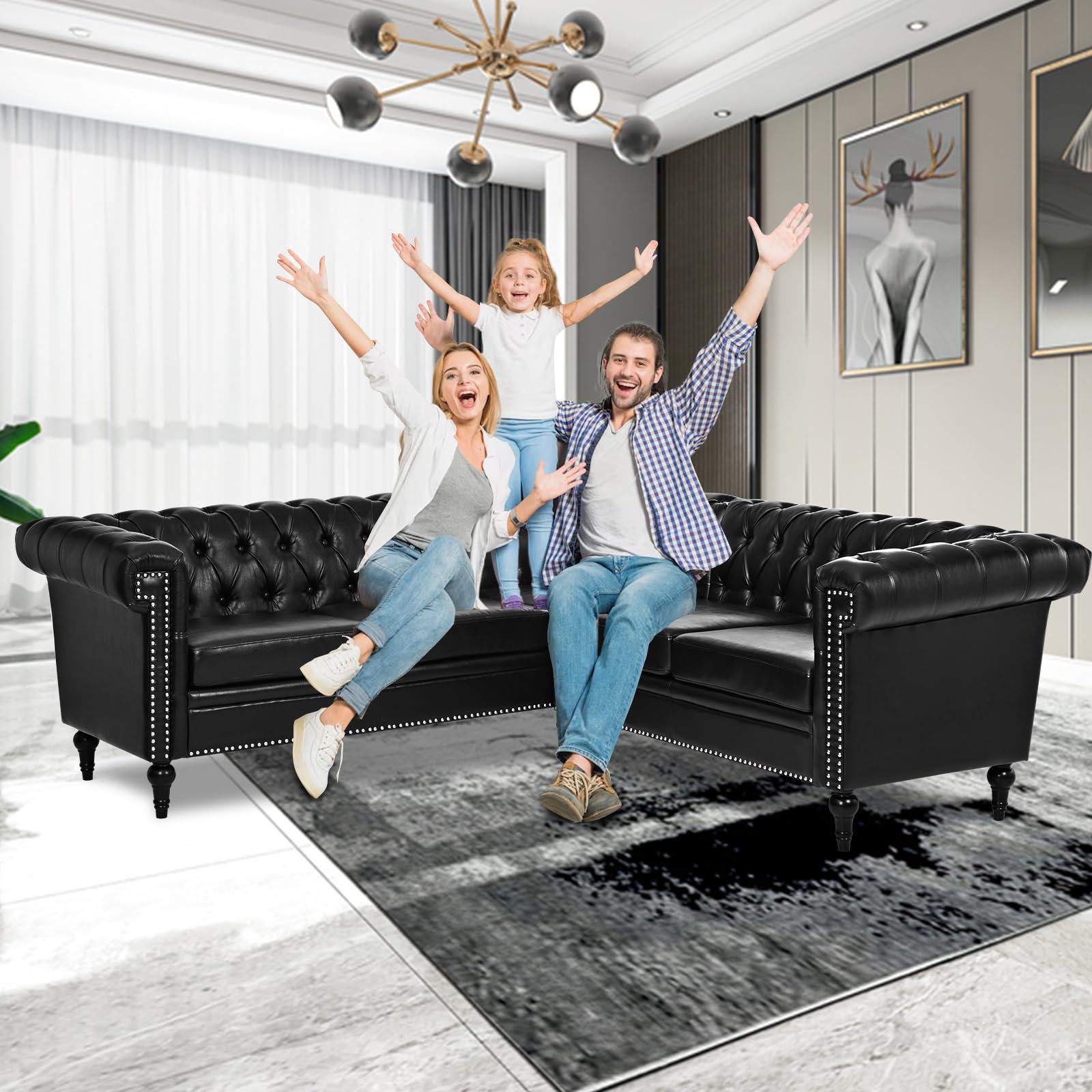 Vaztrlus Chesterfield L-Shaped Faux Leather Sectional Sofa, Modern, Large Corner Couch for Living Room with Modular Button Design. Five-Seater Sofas (Black