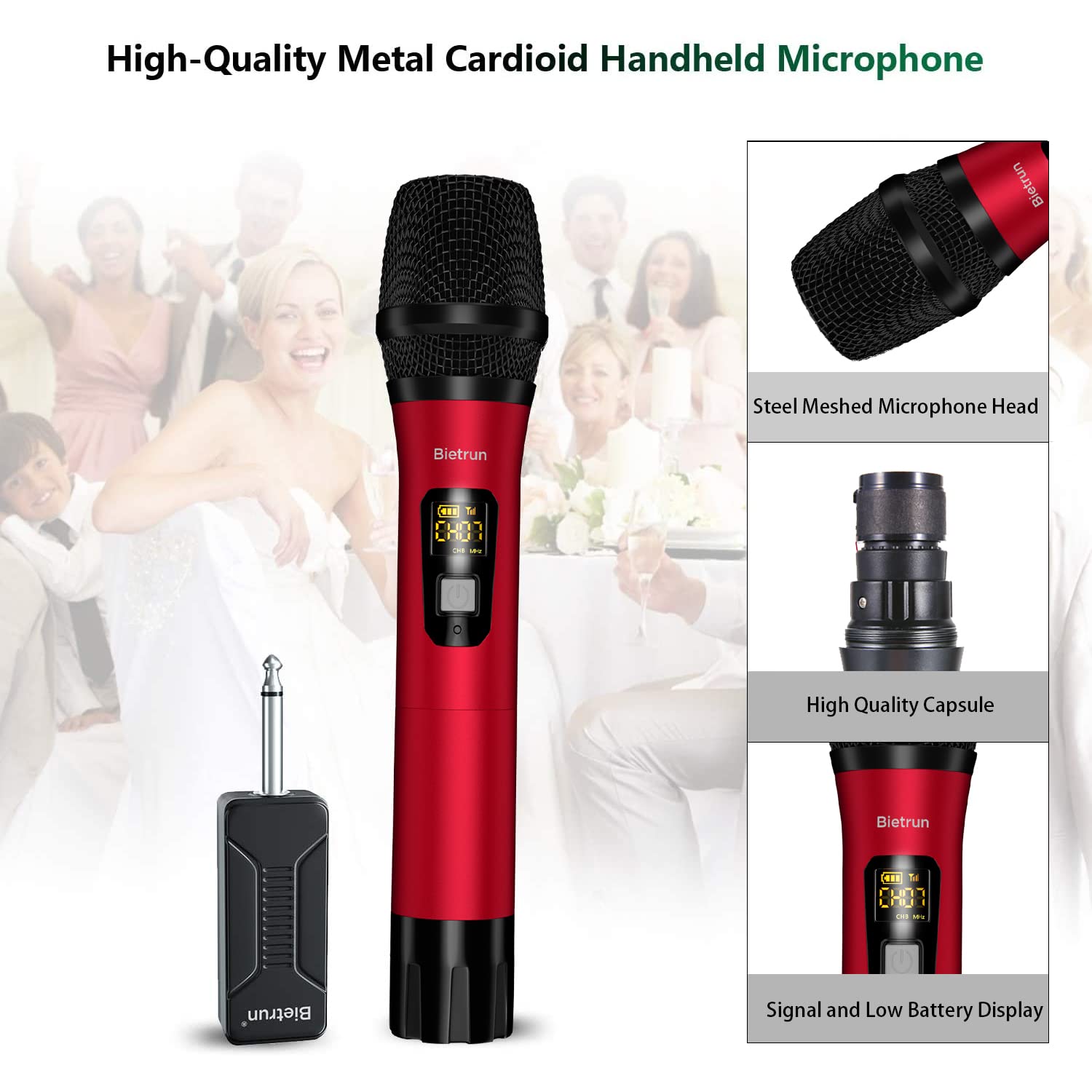 Wireless Microphone, Uhf Metal Dynamic Handheld Karaoke Mic, Rechargeable Receiver (Work 6hs),160ft Range, for Karaoke, Singing, Stage, Wedding, Speech, Karaoke Machine, Speaker, Amplifier, Mixer
