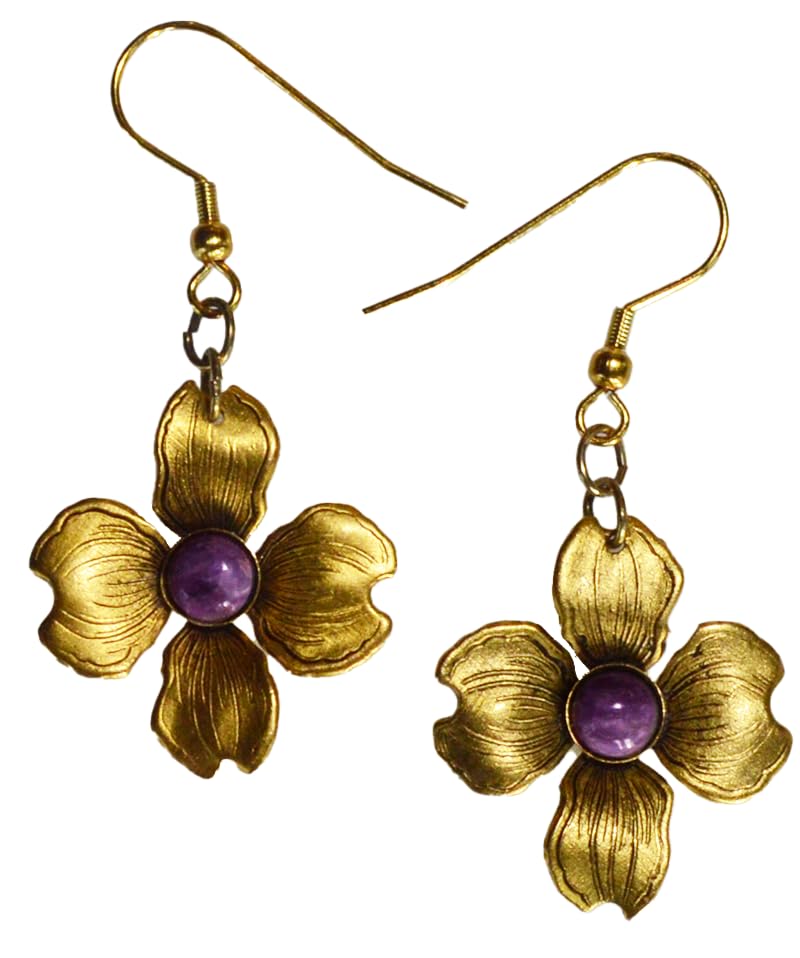 Elaine Coyne Antiqued Gold Brass Dogwood Flower Earrings - Charoite