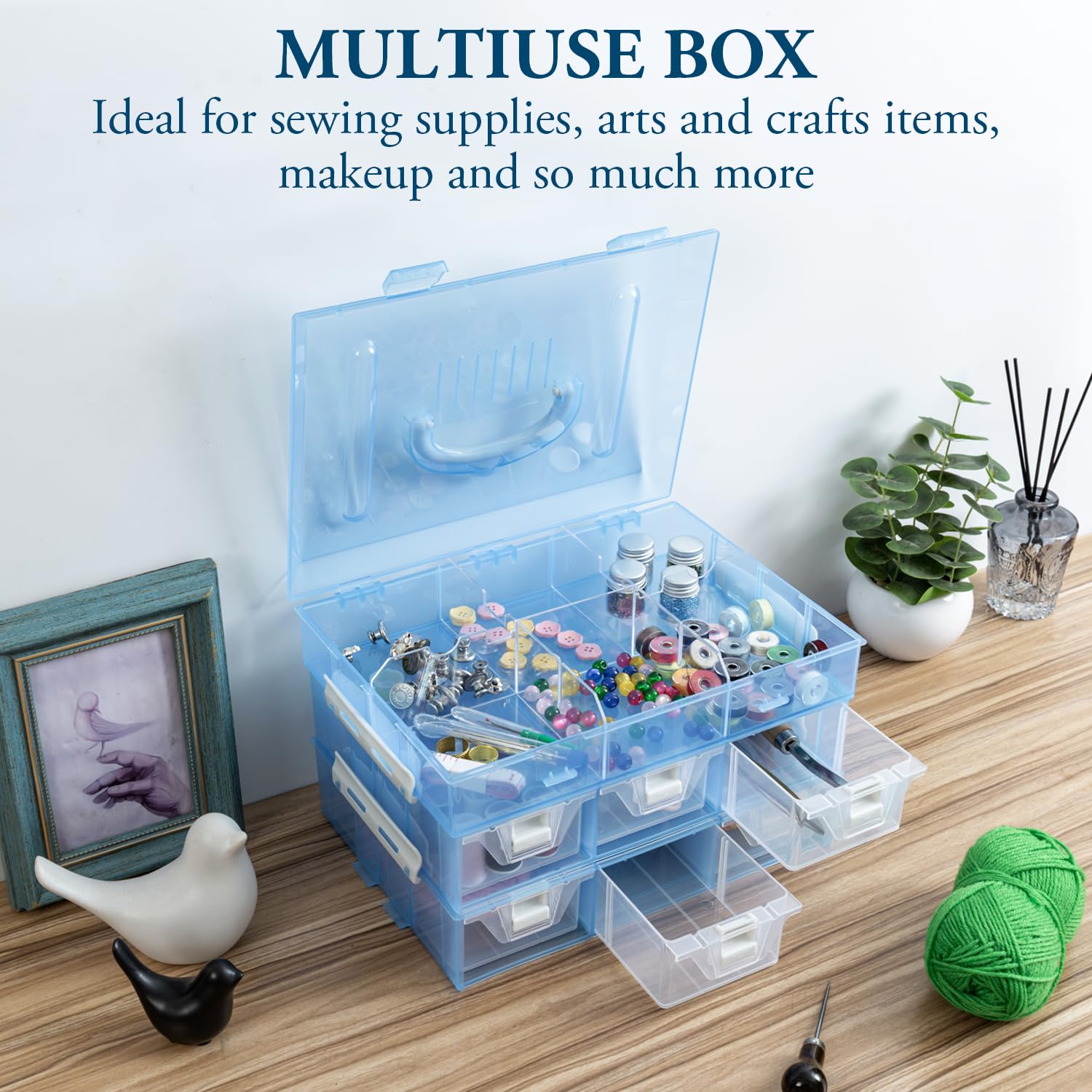 MyGift 11 Inch Sky Blue Transparent Arts and Crafts Sewing Supplies Storage Organizer Case with White Accents, 24 Customizable Compartments, 6 Drawers Removable Dividers