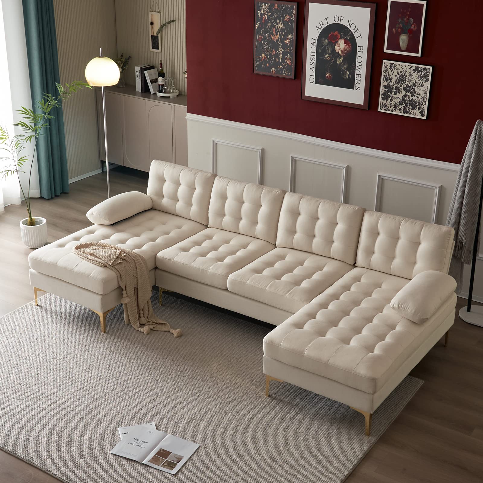 Imseigo 110" Modern Large Reversible Sectional Sofa,Modular Living Room U-Shape 4-Seater Couch with Linen Fabric for Small Space,with Extra Wide Chaise Lounge (Linen Fabric, Lattice Creamy White)