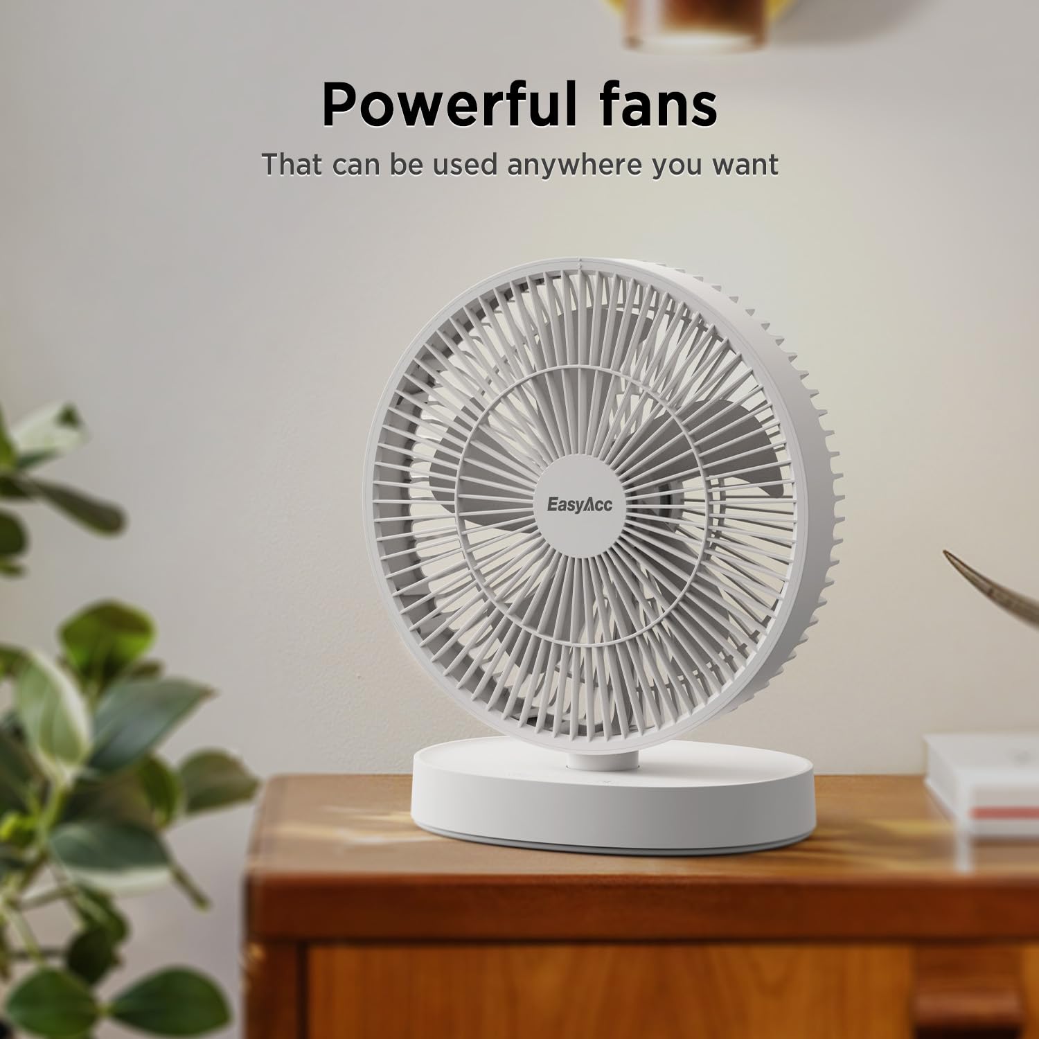 EasyAcc 12 Inch Desk Fan, USB Fan Air Circulator Fan Ultra Quiet 24 dB, IP67 waterproof, 5 Speeds, Timer, Energy Saving Table Fan, Adjustable Angle for Home, Office, Bedroom and Outdoor(White)