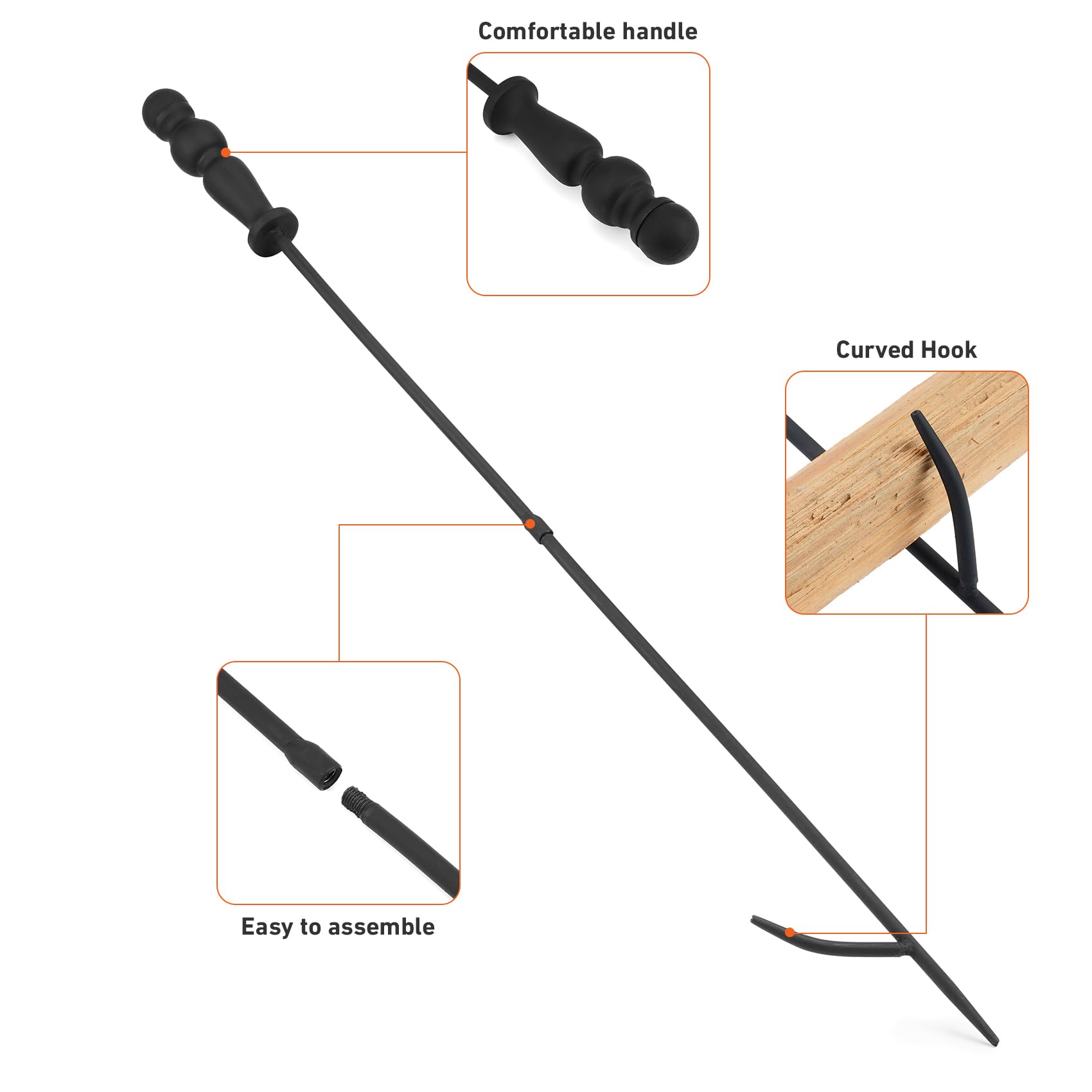 Heavy Duty 32 inch Long Campfire Bonfire Poker Stick 25 Inch Fireplace Tong with Travel Bag, Fire pit Wood Stove Accessories Tools Log Grabber, Rust Resistant, Black Finish for Indoor and Outdoor use