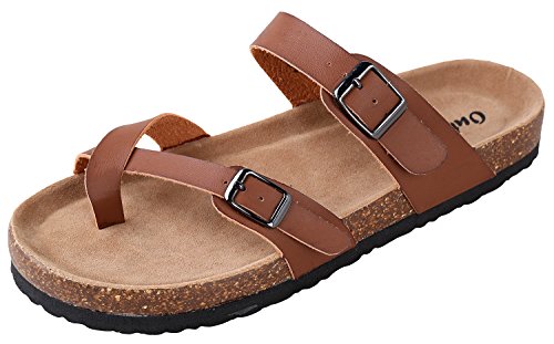 OUTWOODS Women's Bork-30 Vegan Leather Slide On Toe Loop Sandals, Brown 10