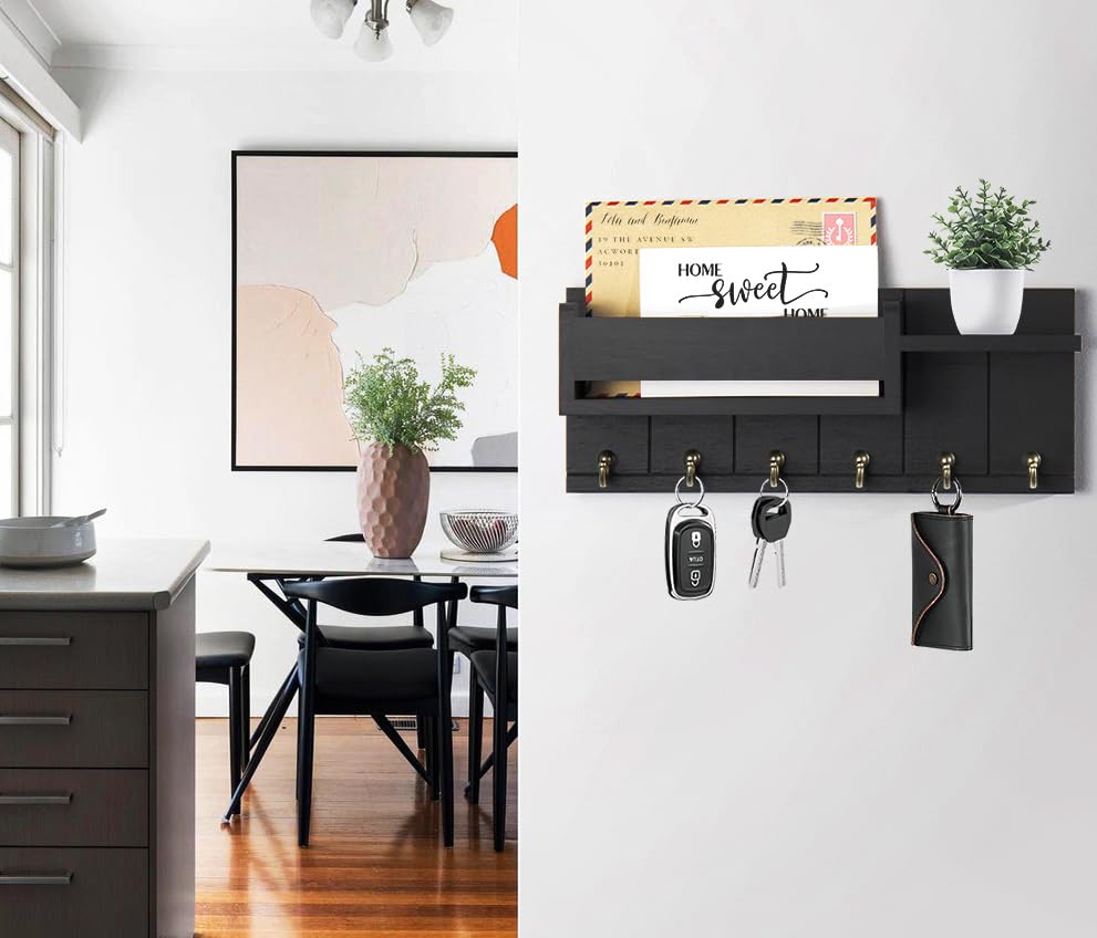 RelaxScene Key Holder Wall Mount - Decorative Key Rack and Mail Organizer with 6 Key Hooks - Wooden Key Hanger with Shelf for Living Room Decor - Rustic Farmhouse Home Entryway Aesthetic Essentials