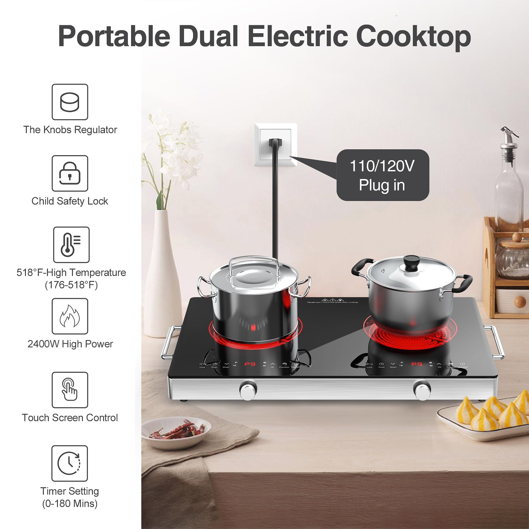 VBGK Induction Cooktop, 1800W Single Burner Electric cooktop,Induction Stove Top with Large LCD Sensor Touch, Induction Hot Plate with 9 Temperature Levels, Child Safety Lock & 4H Timer