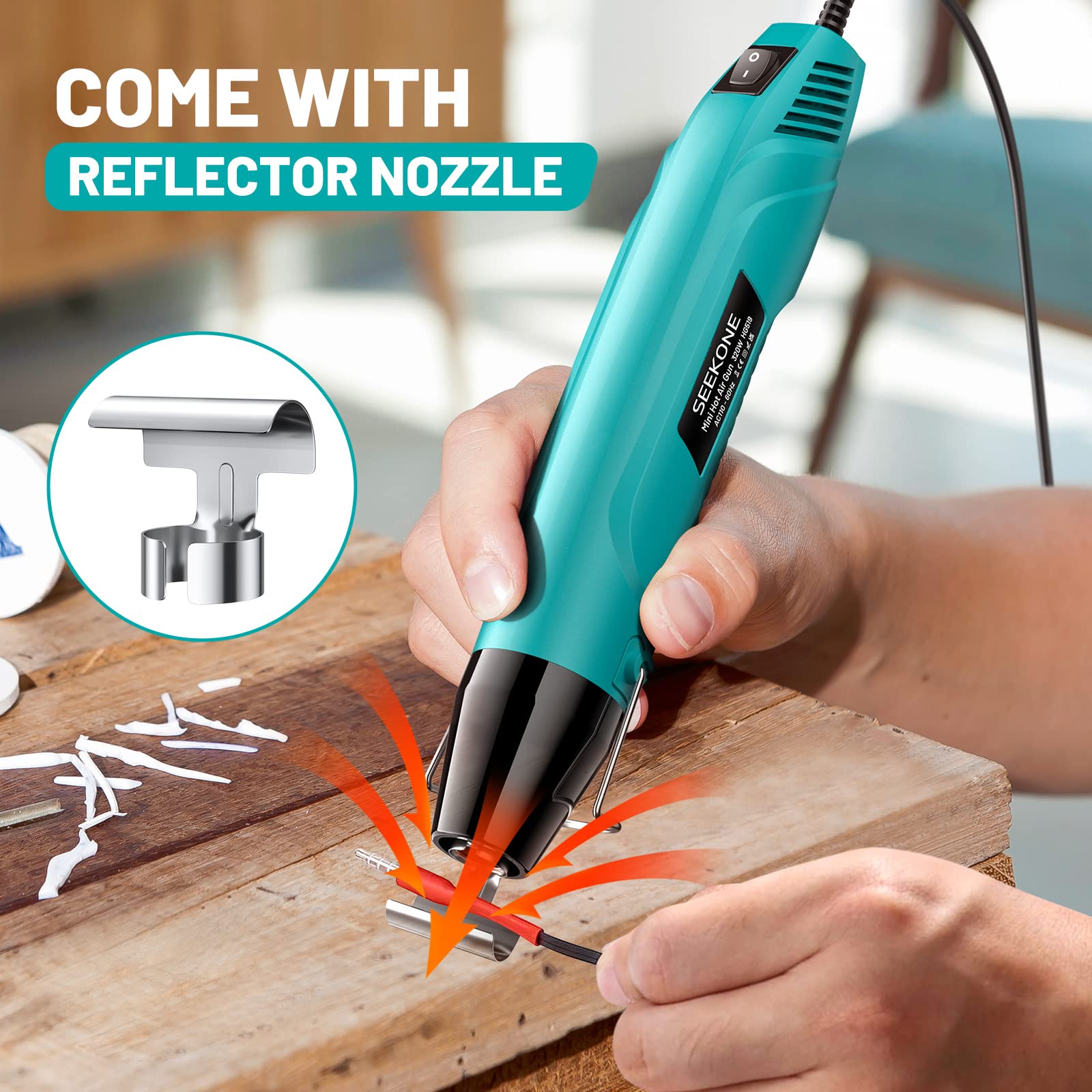 SEEKONE Handheld Heat Gun, 662℉ Portable Mini Hot Air Gun with 4.9Ft Long Cable, Overheat Protection and Fast Heating Reflector Nozzle for DIY, Craft Embossing, Shrink Wrapping, Electronics