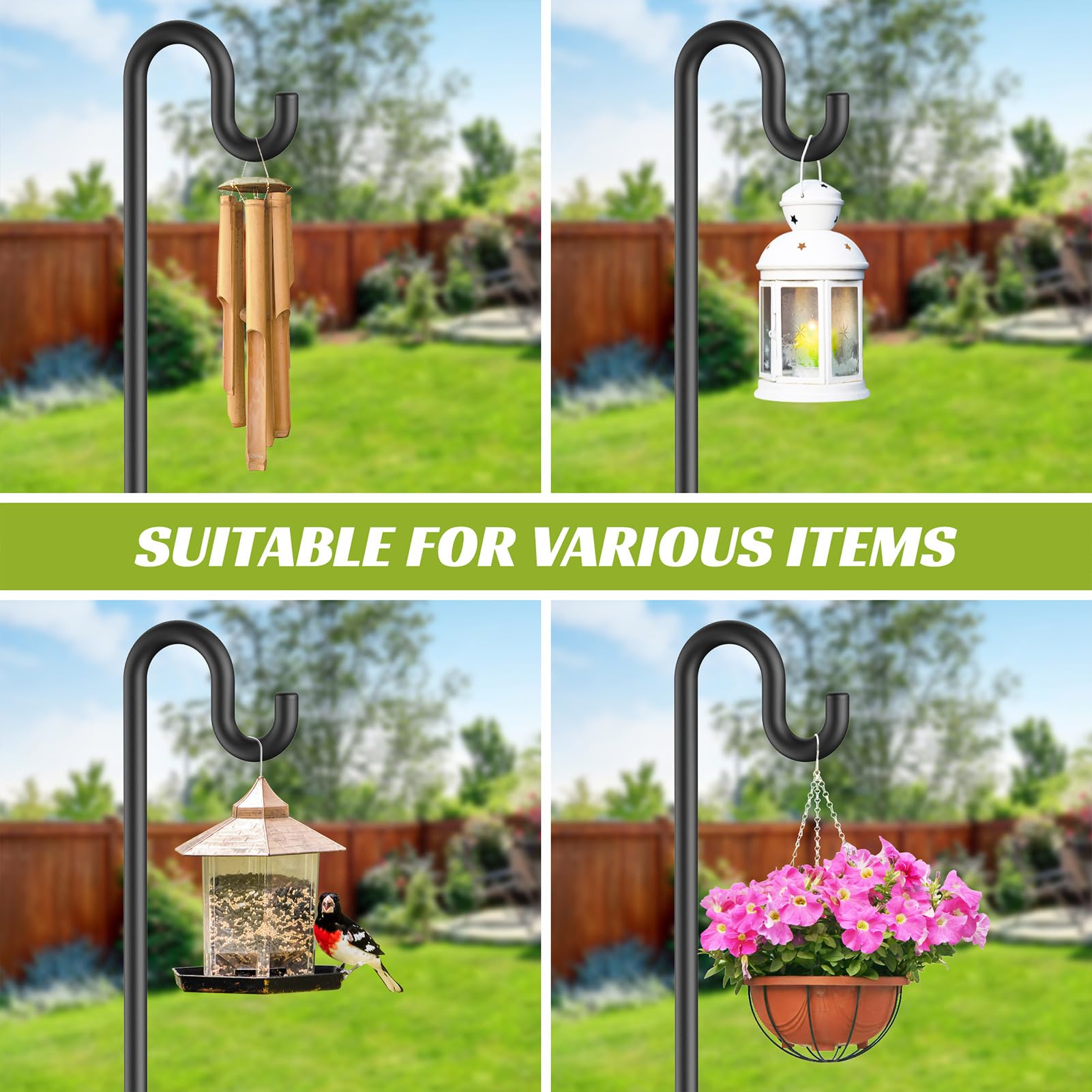 Forlogic Bird Feeder Pole 76 Inches Shepherd Hooks for Outdoor, Heavy Duty Bird Feeder Pole for Garden Decor, Black Shepherd Stand for Plant Baskets Wind Chime with 5 Base Prongs