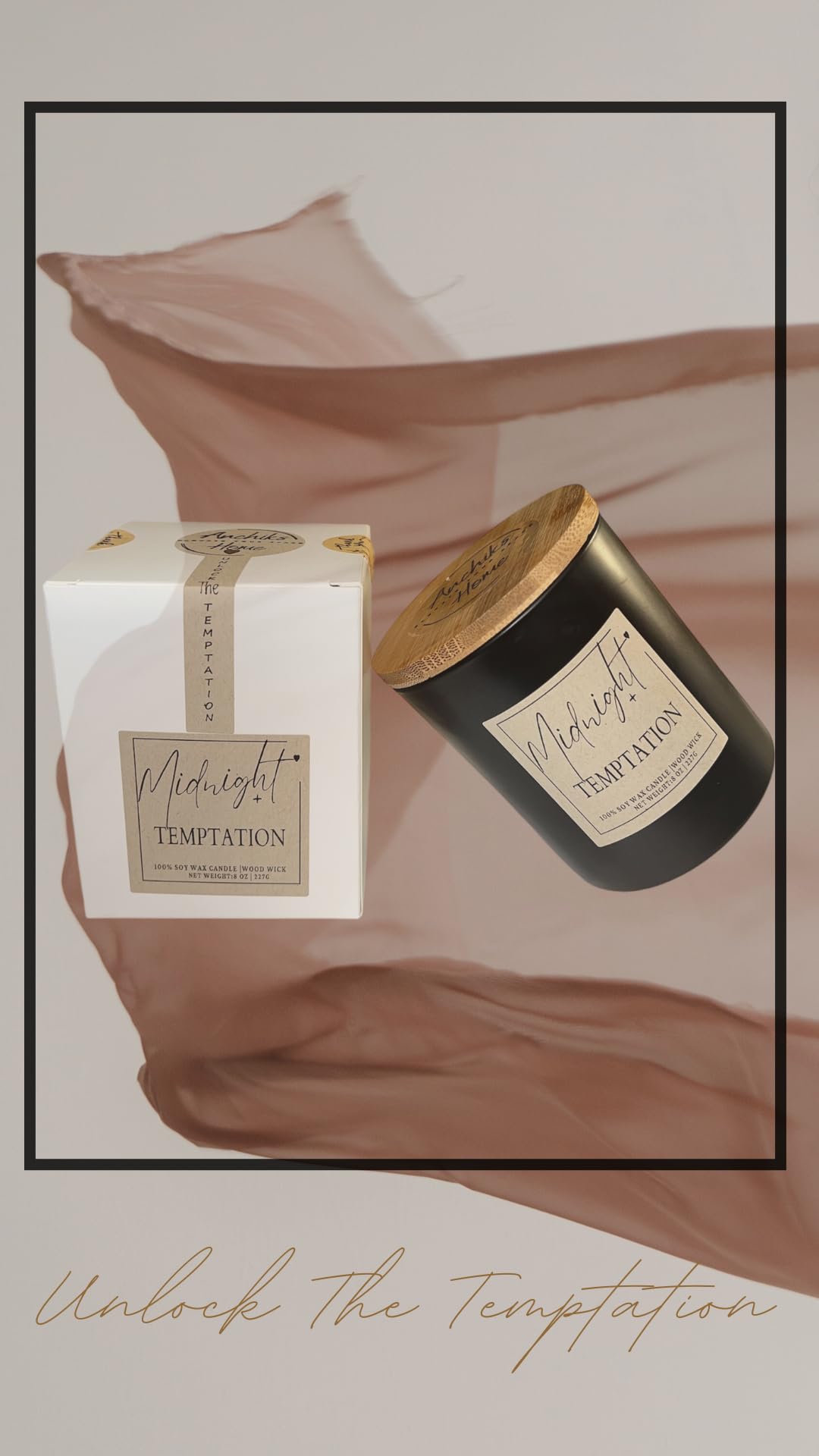 Midnight Temptation Luxury Scented Candle | 8 oz 100% Soy Wax | Wood Wick | Black Jar | Rich Channel, Wood, & Tobacco Caramel Notes | Fall Candle Collection