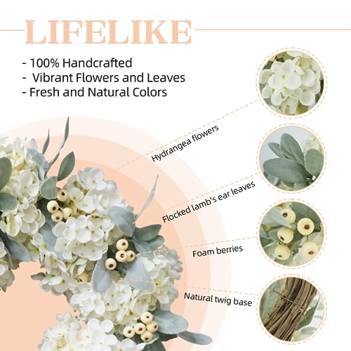Hometrance 18-20 Inch Cream Hydrangea Front Door Wreath, Summer Fall Wreath with Ivy, Eucalyptus & Hydrangea Leaves, Farmhouse Wreath All Seasons Year Round, Flower Wreath for Wedding Home Decoration