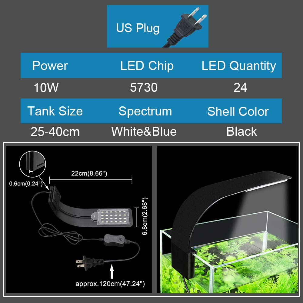 Senzeal X5 Virgo 24 LED Aquarium Light 10W Clip-on Lamp Aquatic Plant Lighting for 10-15inch Fish Tank (Black)