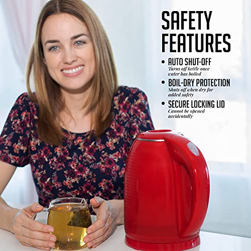 OVENTE Portable Electric Kettle Stainless Steel Instant Hot Water Boiler Heater 1.7 Liter 1100W Double Wall Insulated Fast Boiling with Automatic Shut Off for Coffee Tea & Cold Drinks, Red KD64R
