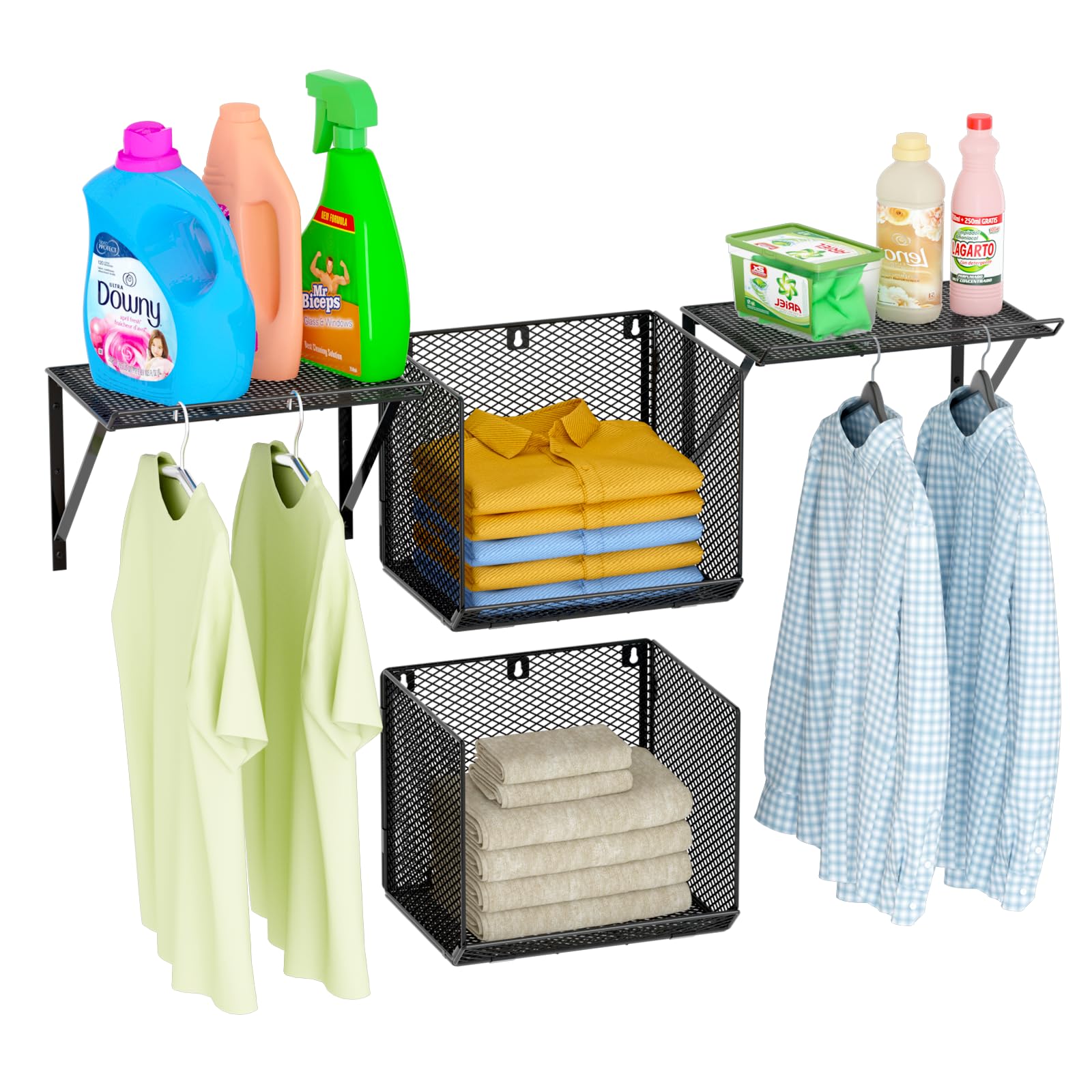 QHH Laundry Room Shelves Wall Mounted with Floating Shelves with Wire Storage Basket, Over The Washer and Dryer Shelf with Clothes Drying Rack, Wire Shelves Baskets for Laundry Organization