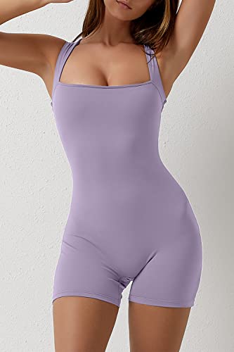 QINSEN Women's Short Seamless Sleeveless Leisure Yoga Workout Gym Jumpsuit for Summer Purple M